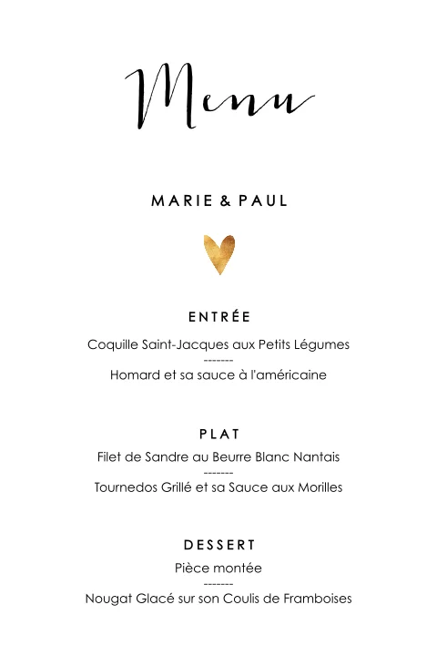 Carte de menu minimaliste avec des cœurs