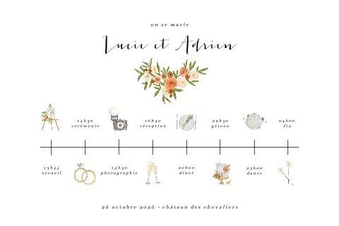 Faire-part de mariage avec illustrations et programme du mariage