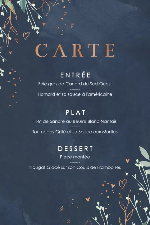Menu élégant bleu foncé avec détails en vernis