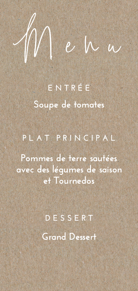 Carte de menu avec texte blanc sur papier kraft