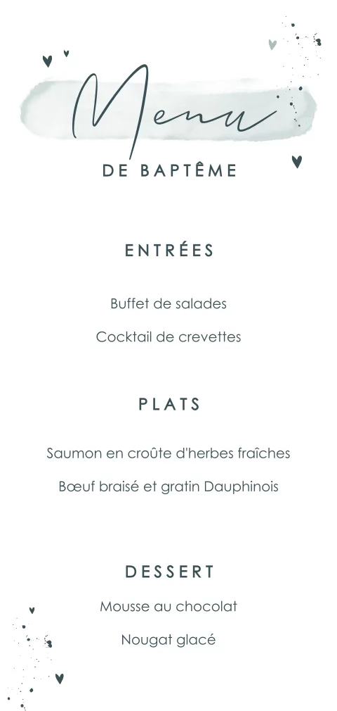 Carte de menu pour le baptême avec des cœurs et de l'aquarelle