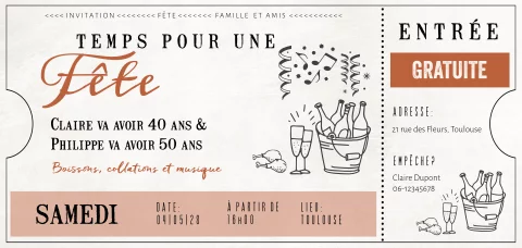 Carte d'invitation originale en forme de billet avec accents en terracotta