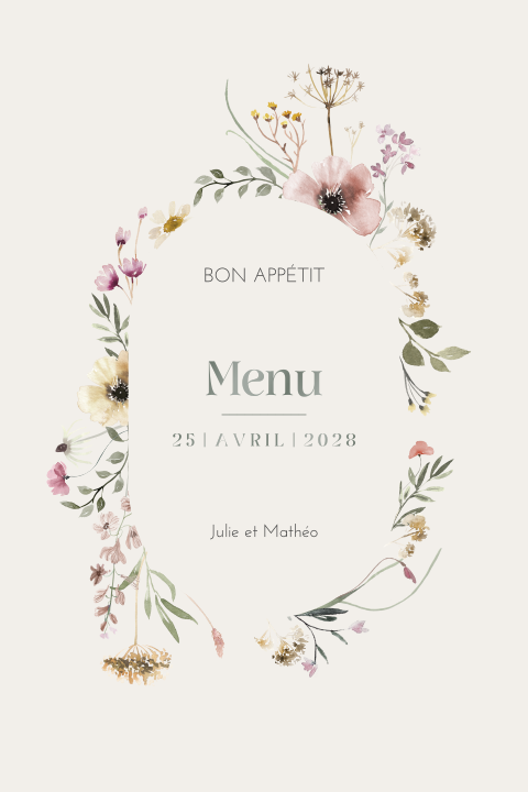 Carte de menu avec des fleurs en aquarelle