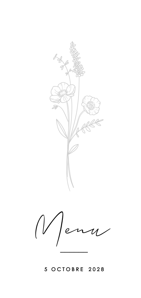 Menu en forme spéciale avec des fleurs et une écriture élégante