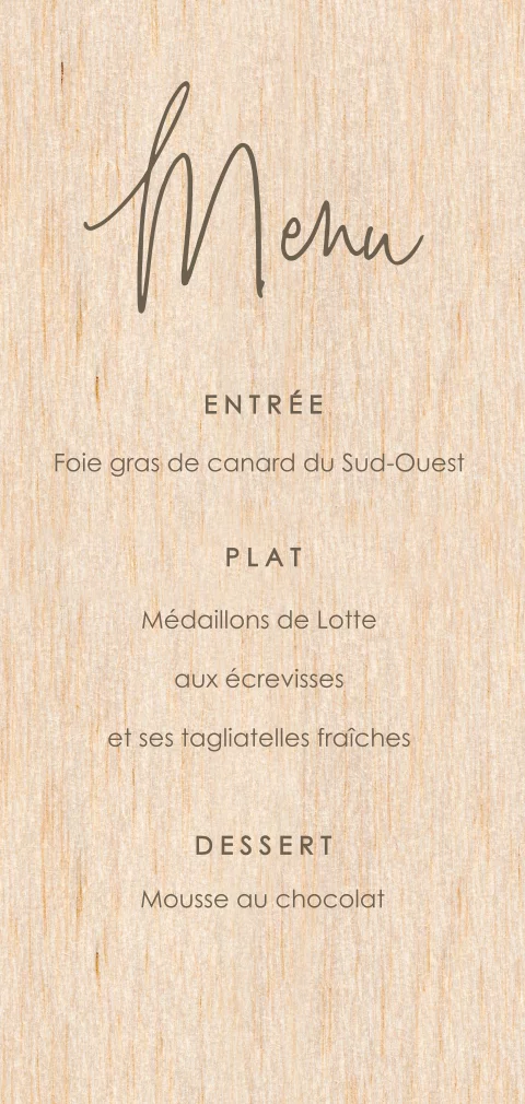 Menu sur bois avec une belle écriture