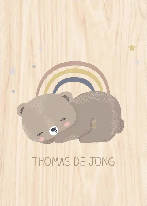 Houten babyboek met naam en slapende beer