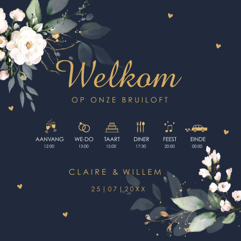 Bruiloftsbord blauw botanisch programma trouw icoontjes 70x70 cm