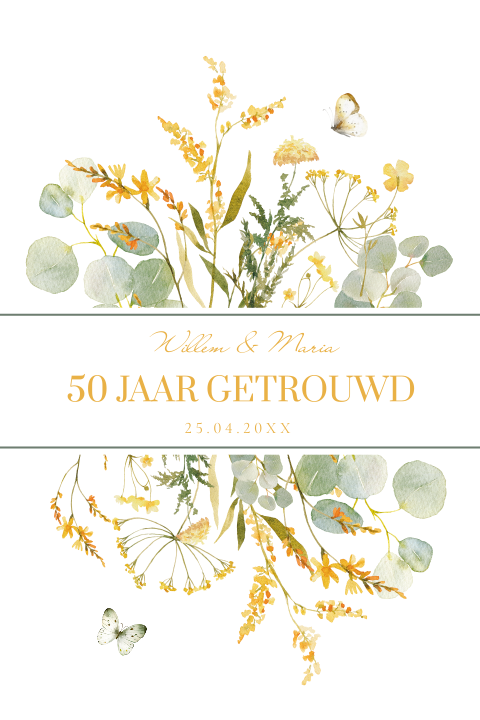 Jubileumkaart huwelijk boog vorm gele veldbloemen