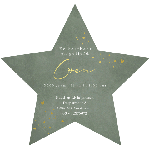 Geboortekaartje jongen groen ster vorm goudfolie hartjes