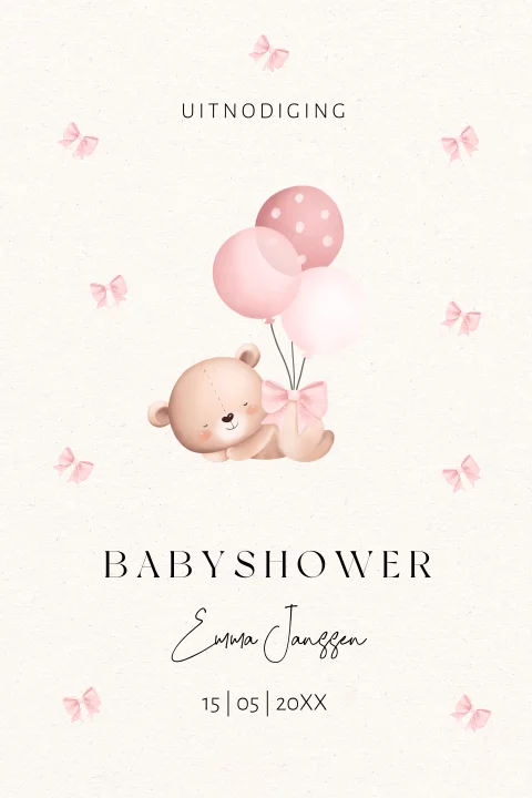 Babyshower uitnodiging roze beertje ballonnen