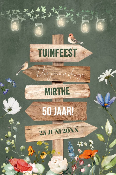 Tuinfeest verjaardag uitnodiging houten wegwijzer lampjes bloemen