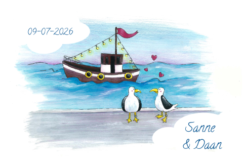 Vrolijk getekende trouwkaart met boot en meeuwen