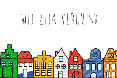 Verhuiskaart met getekende huisjes in verschillende kleuren