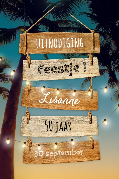 Uitnodiging feest 50 jaar met palmbomen en lichtjes.