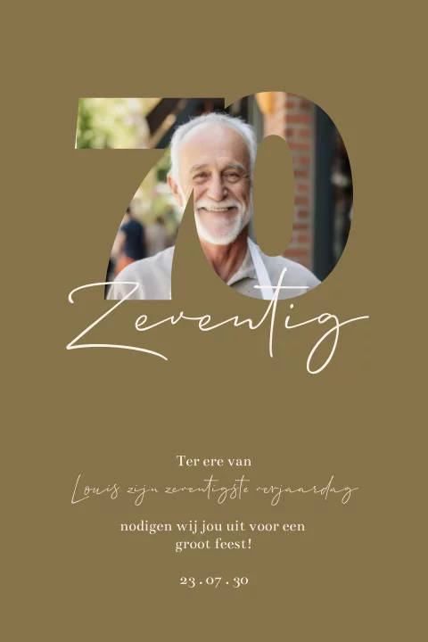 Uitnodiging 70ste verjaardag modern bruine kleur en foto