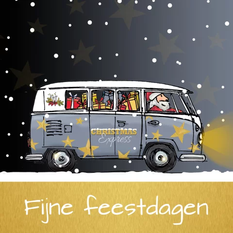 Getekende kerstkaart met grijze volkswagen bus en kerstman