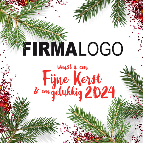 Logo kerstkaart met kersttakken en rode glitter