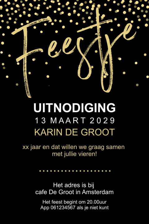 Uitnodiging voor een verjaardag met goudlook confetti