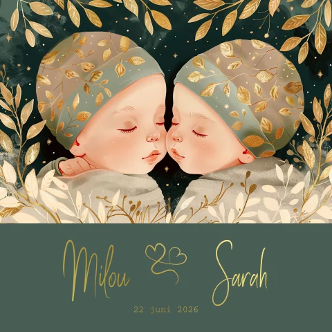 Geboortekaartje Tweeling tekening goud beige groen