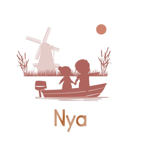 Geboortekaartje 2e kindje meisje met broer op boot silhouet molen