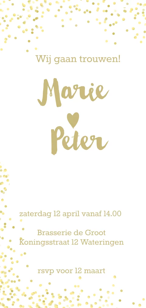 Trouw uitnodiging goud tinten confetti krijtbord