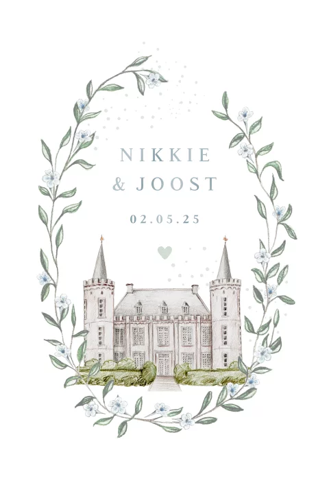 Trouwkaart chique krans getekend kasteel Henkenshage hoogglans