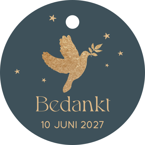 Blauw labeltje met gouden duif en letters | 16 stuks