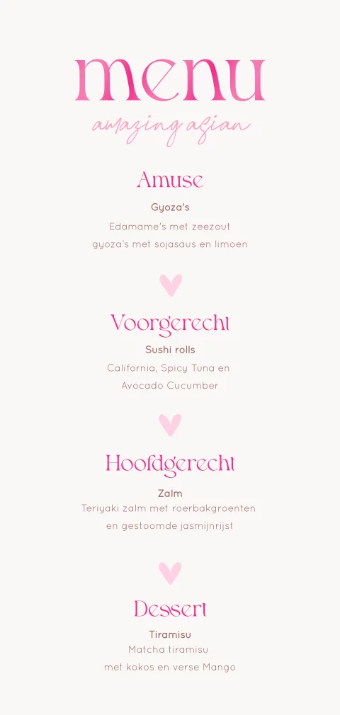 21 diner menu met hoogglans roze letters