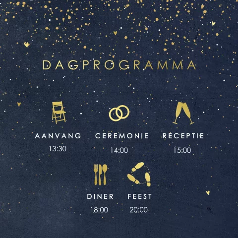 Dagprogramma bruiloft met spetters en goudfolie