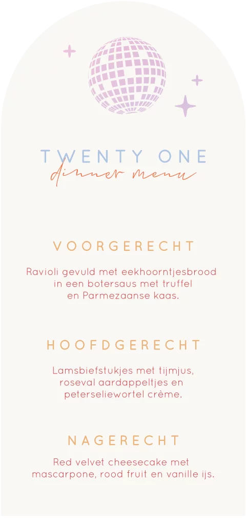 Menukaart disco 21 diner in boogvorm met holografische folie