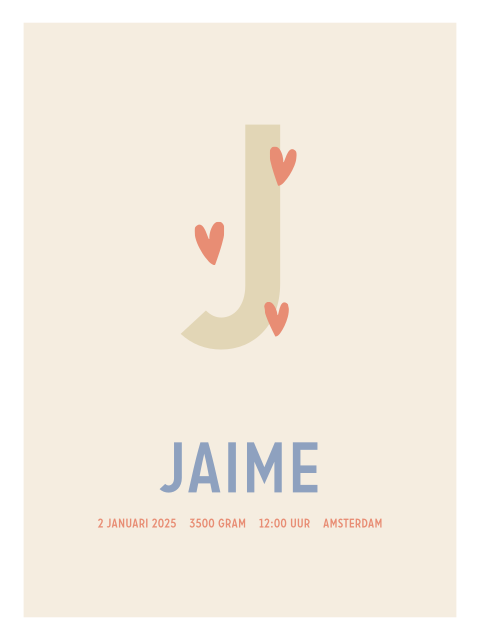 Baby poster met beige initiaal en hartjes
