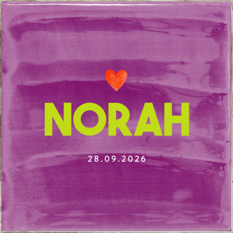 Tegeltje met naam, paars, keramiek, met hartje