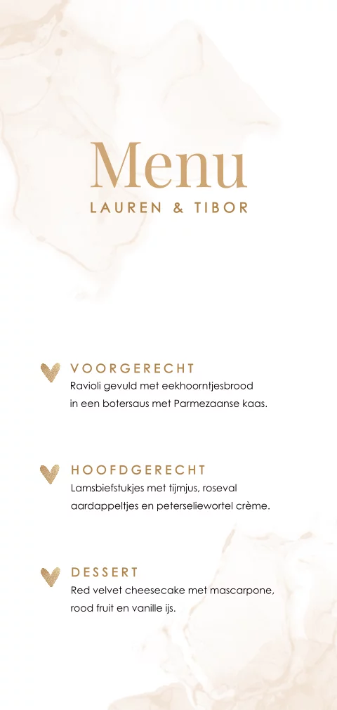 Chique menukaart bruiloft met watercolour en gouden details