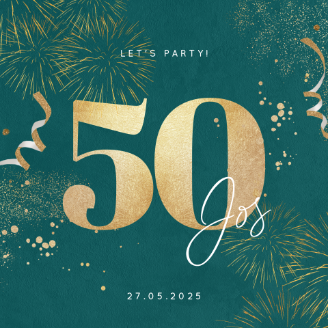 Uitnodigingskaart vijftigste verjaardag petrolblauw met vuurwerk