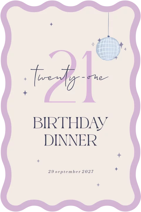 Uitnodiging 21 diner met lila in originele vorm