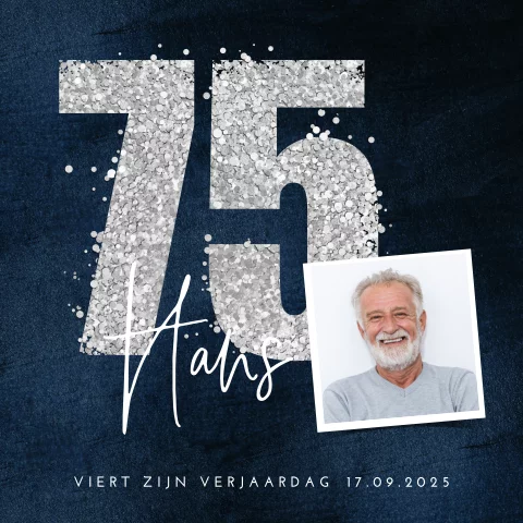 Uitnodiging verjaardag 75 jaar zilveren glitter