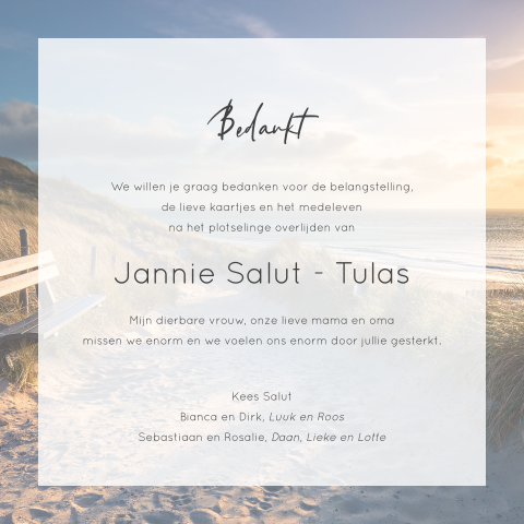 Bedankkaart met zee, duinen, strand, bankje en zonlicht