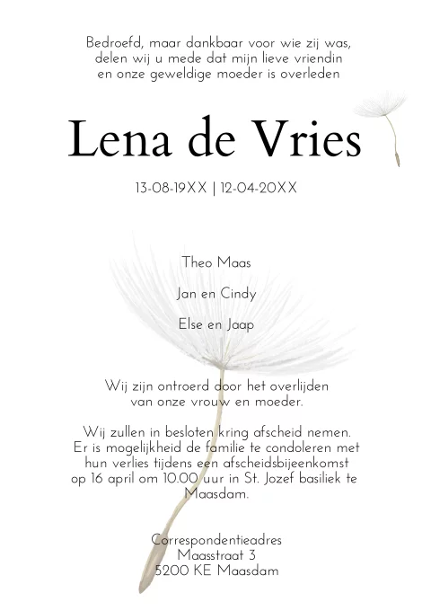 Rouwbrief met pluis van paardenbloem