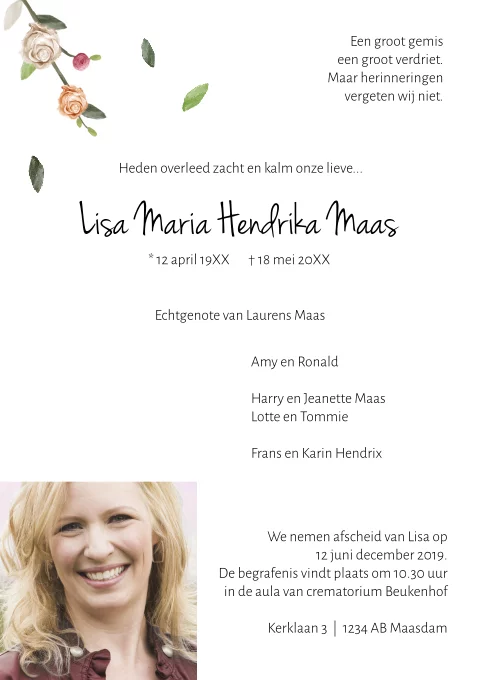 Rouwbrief met details van bloemen
