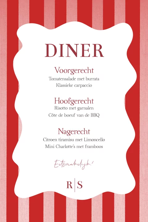 Menukaart voor de bruiloft tafelsetting colorblocking rode strepen