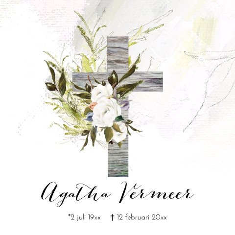Rouwkaart olieverf bloemen en kruis