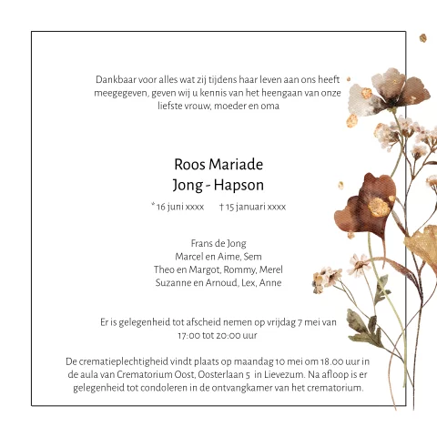 Vierkante rouwbrief met bruine droogbloemen