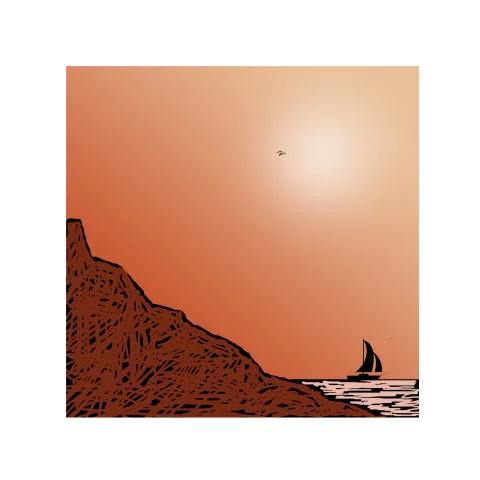 Mooie getekende rouwkaart rood met bootje in de zee