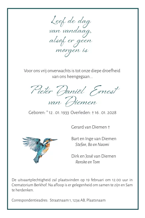 Rouwbrief met tekst en ijsvogel waterverf