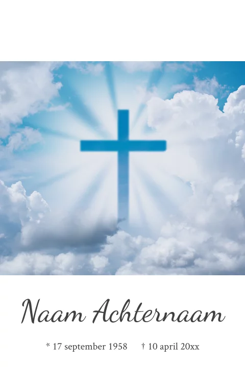 Christelijke rouwkaart met een kruis van licht in de wolken