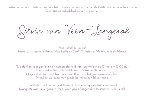 Klassieke rouwbrief met alleen tekst