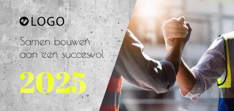 Stoere zakelijke kerstkaart met beton, foto samenwerken en hoogglans