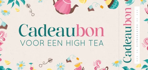 Ticket cadeaubon high tea uitnodiging met theepot, cupcakes en bloemen