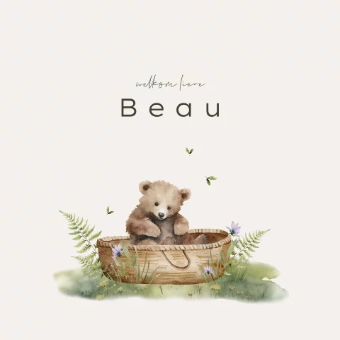Lief unisex geboortekaartje met beer in mandje