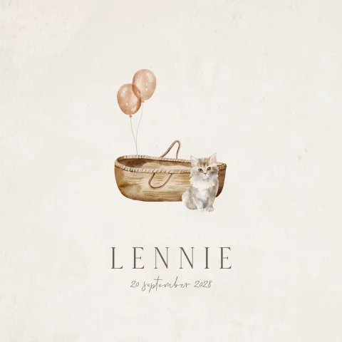 Neutraal geboortekaartje unisex met wieg, kat en ballonnen